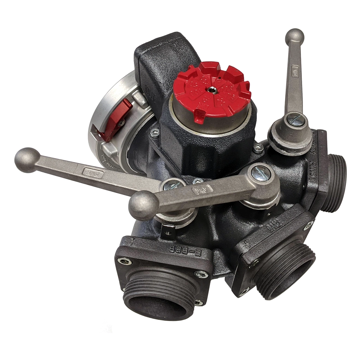 Three Way Ball Valve - H300 - 4" Storz x (3) 2-1/2" NH Female Swivel ...